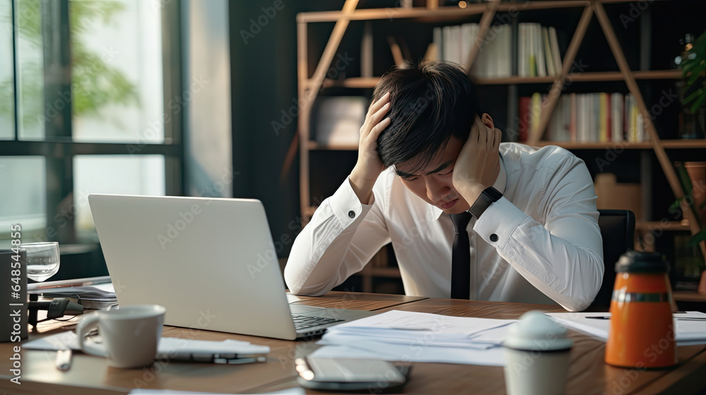Frustrated Asian young businessman worker working on table in office ...