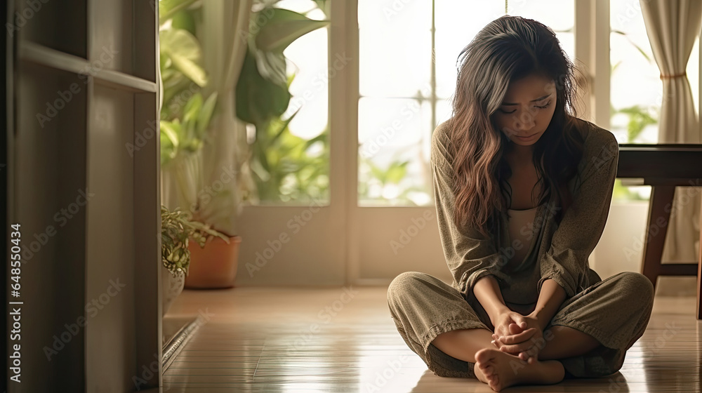 Sad and depressed young woman sitting on the floor in the living room ...