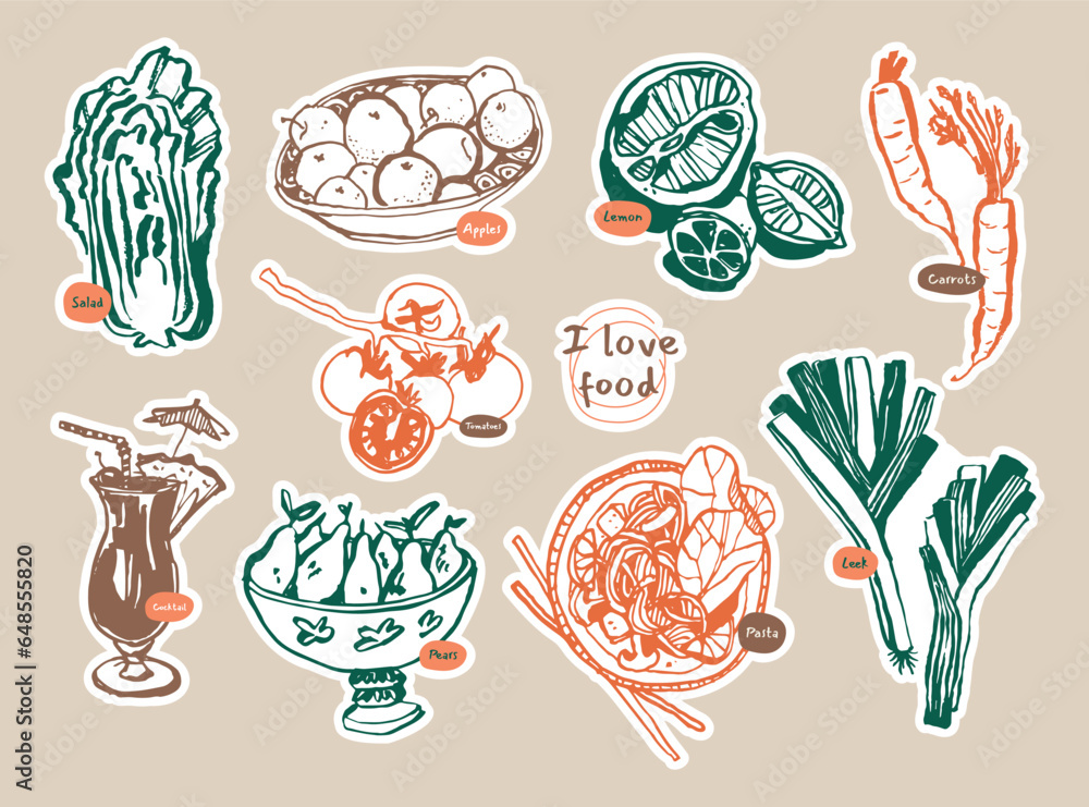 Sticker label set. Healthy food and beverages illustrations. Collection ...
