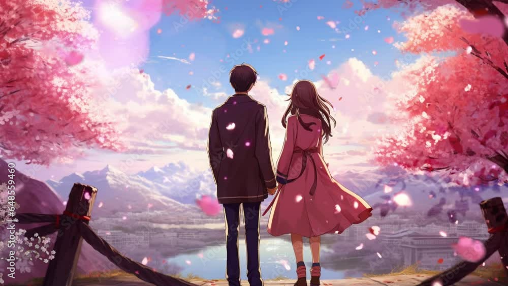 anime couple watching cherry blossoms fall in anime illustration style ...