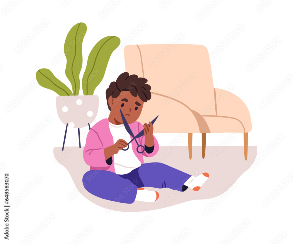 Child playing with scissors, sharp blade. Unattended boy kid in danger ...