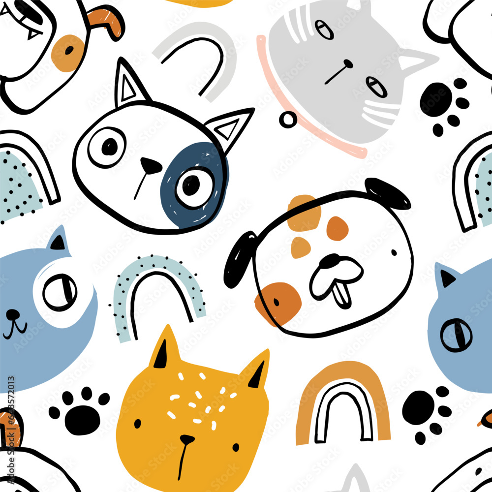 Vector seamless pattern with cute cats and dogs on white background ...
