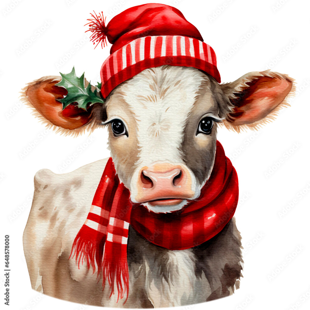 watercolor portraits of a Cute cow with a Santa hat, a Cute and funny ...