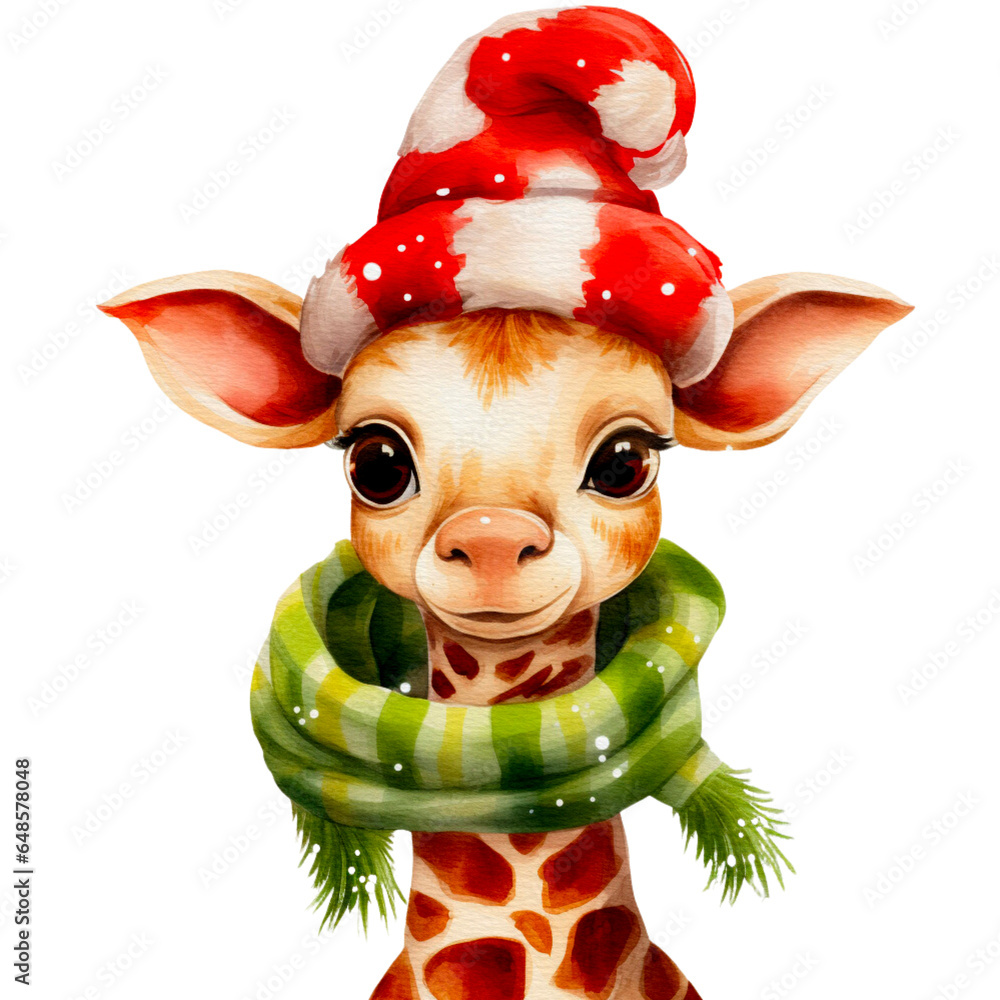watercolor portraits of a Cute giraffe with a Santa hat, Cute and funny ...
