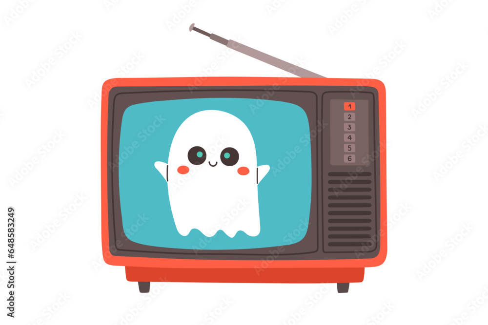 Cute ghost in retro tv. Halloween news old tv. Ghost broadcasting ...