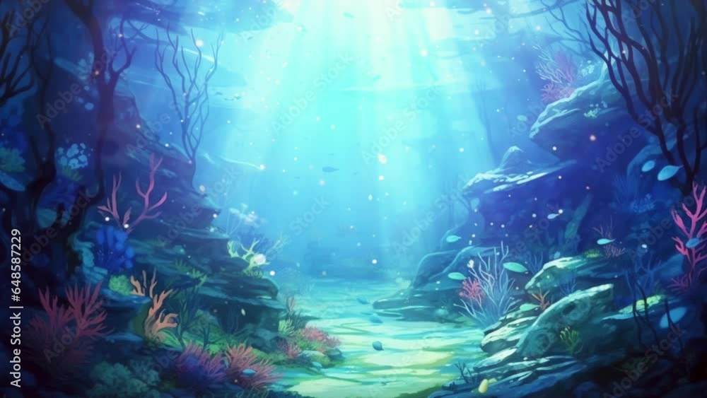 blue underwater fish and corals background in anime illustration style ...