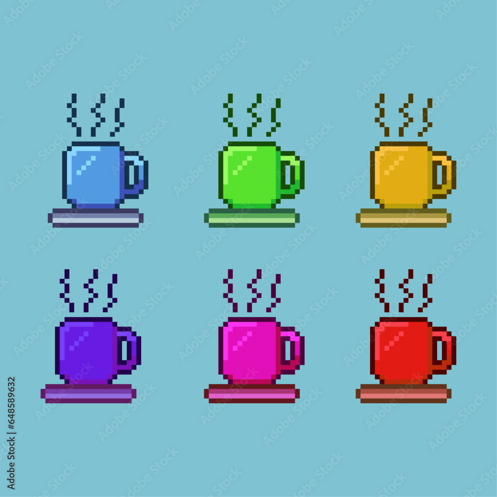 Pixel art sets of cup on the book with variation color items asset. simple bits of cup on ...