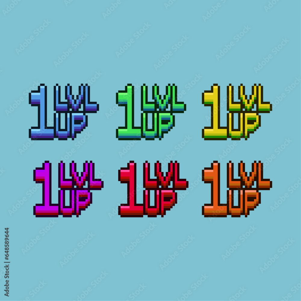 Pixel art sets of level up sign with variation color items asset. simple bits of level up on ...