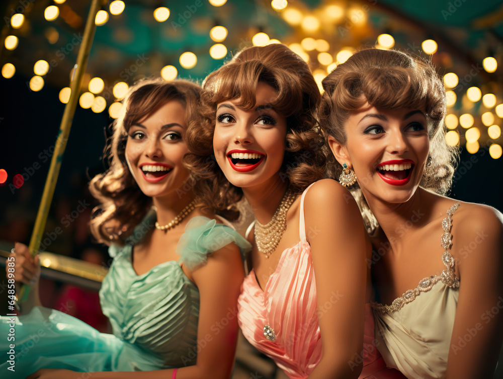 Three women enjoy fun times at a carnival with a 60s vibe. A scene full ...