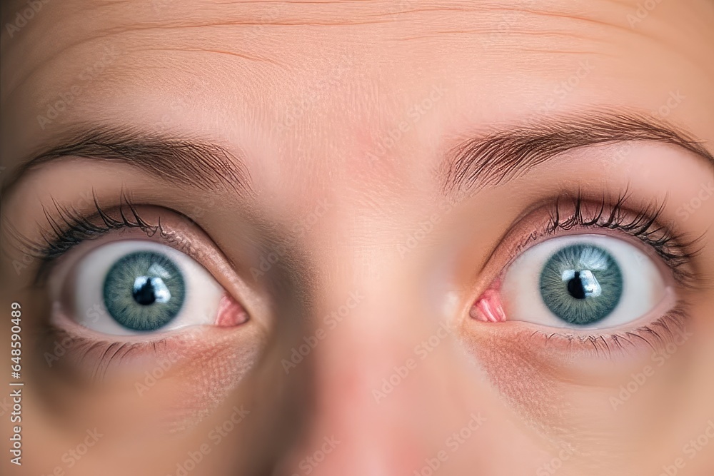 Close-up scared face of beautiful young woman with beautiful blue eyes ...