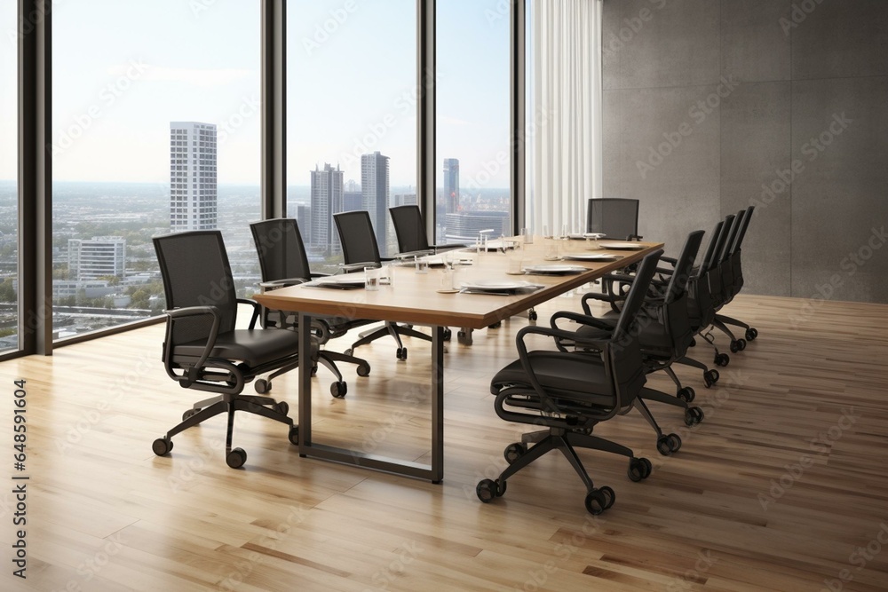 Perspective view of wooden meeting table surrounded by wheelchairs in ...
