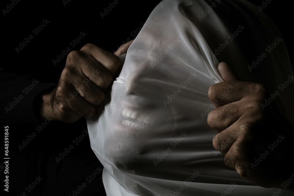 Suffering depressed guy yelling and screaming come out of gauze ...
