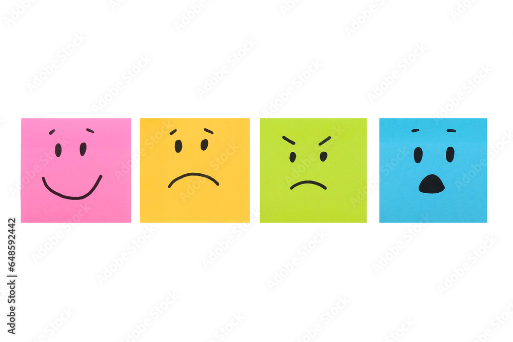 Basic emotions are joy, sadness, anger, fear or surprise. Four colorful ...