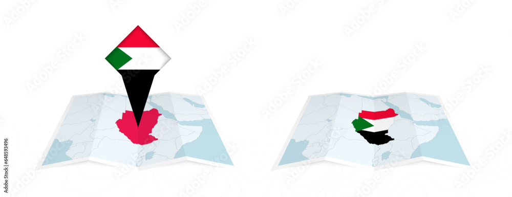 Two versions of an Sudan folded map, one with a pinned country flag and ...