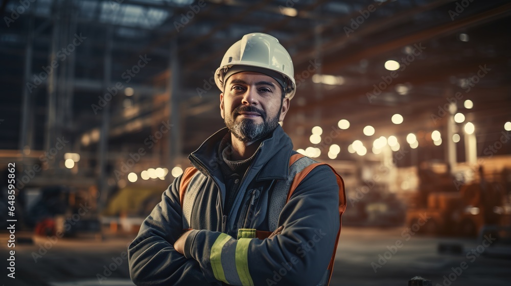 portrait of a handsome and happy professional worker wearing a safety ...