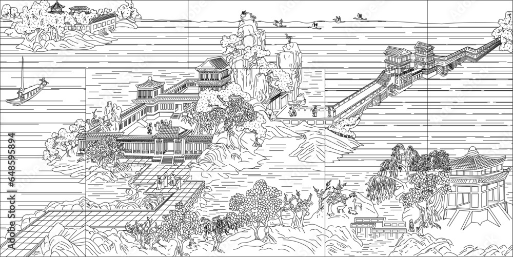 Vector sketch illustration of traditional chinese landscape ethnic ...