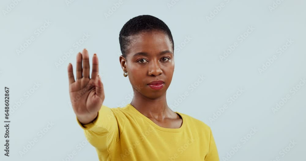 Woman, face and stop with hands, warning and caution of rejection sign ...