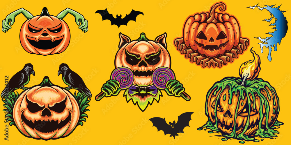 Scary Pumpkin Logos Illustration Halloween Background Vector Set ...