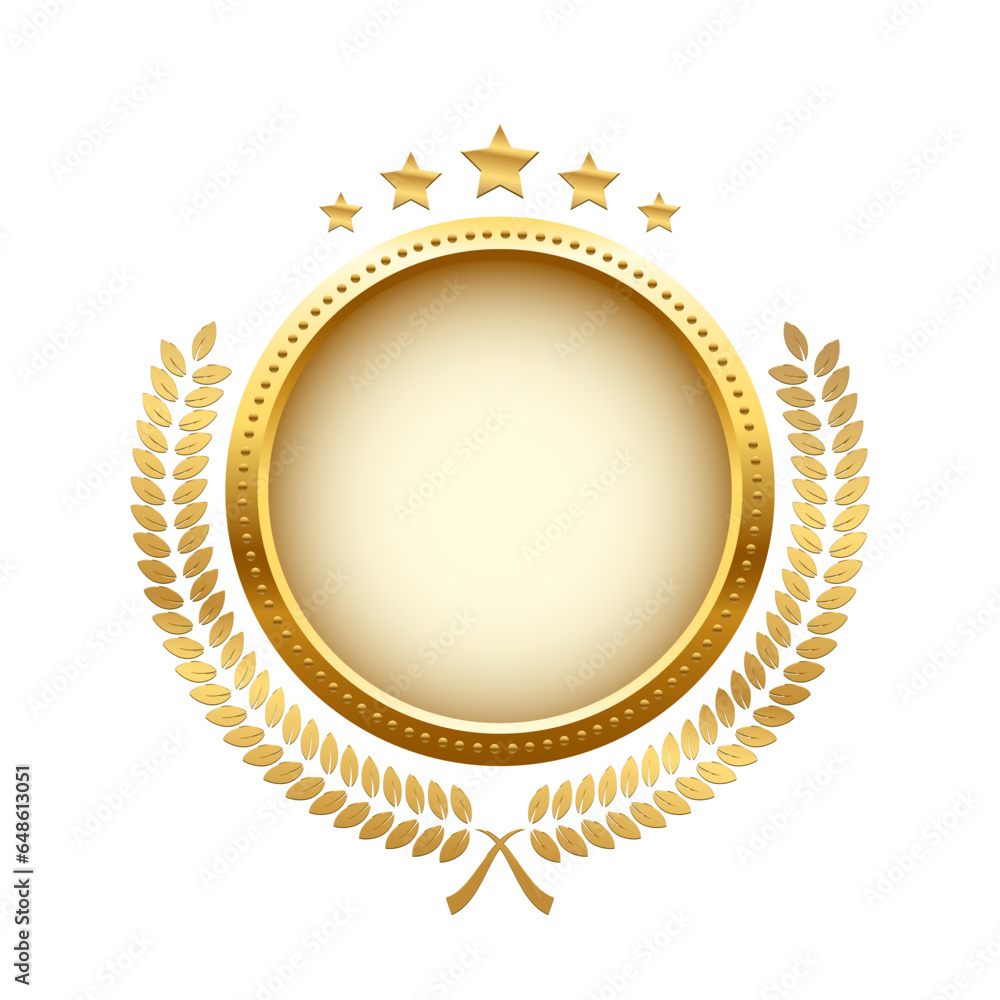 Gold shiny circle medal, laurel wreath with stars vector illustration ...