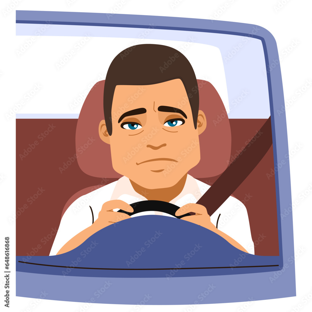 Sleepy tired man driver in car vector illustration isolated on white ...
