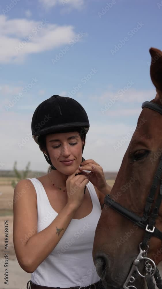 Young jockey buckling her helmet next to his horse. Video of a middle ...
