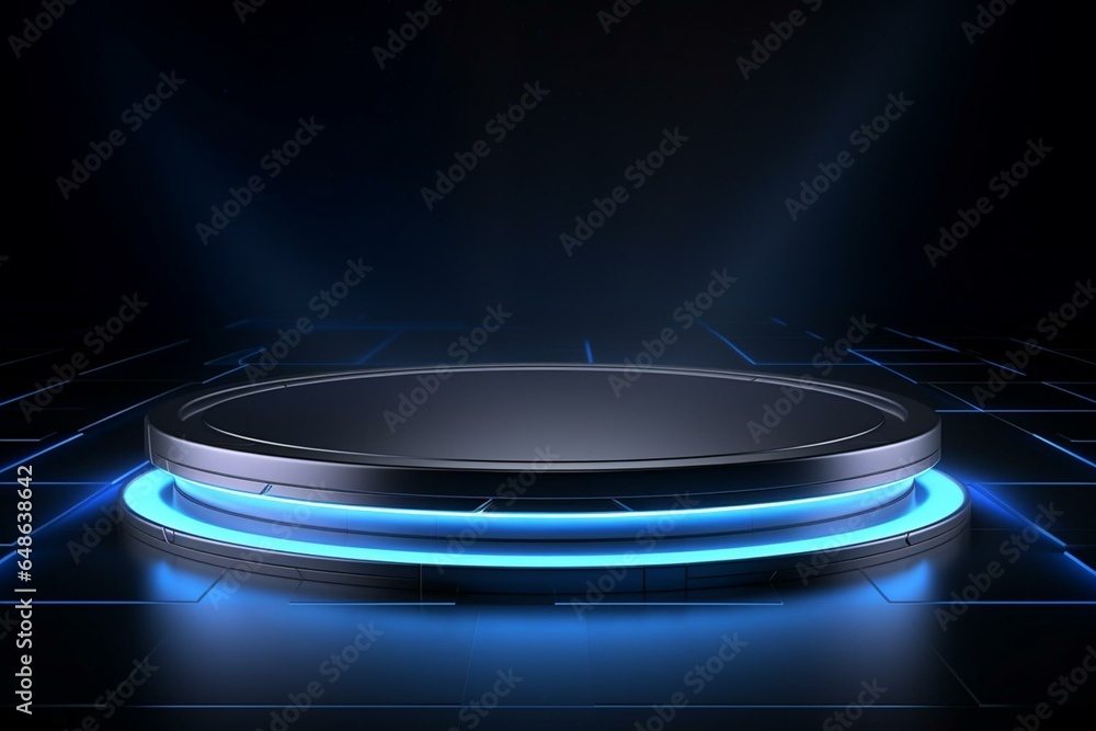 A futuristic display platform with a blank product podium. A glowing ...