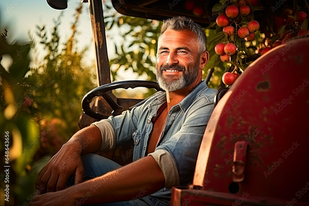 Apple orchard, portrait of a old mature farmer man smiling with clean ...