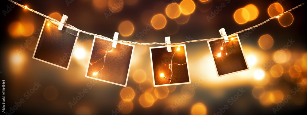 four white Pinned Cards on a String, defocused background dark night ...