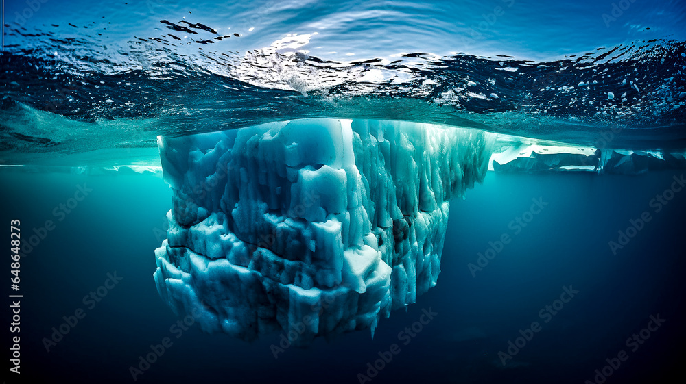 Iceberg en train de fondre avec vue au dessus de l'eau et sous l'eau ...
