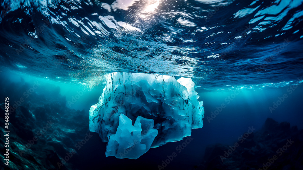 Iceberg en train de fondre avec vue au dessus de l'eau et sous l'eau ...
