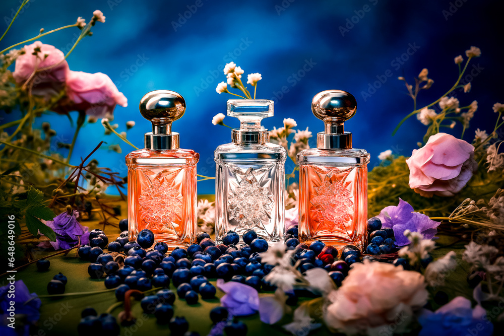Trois flacons de parfum présenté avec des fleurs et des plantes Stock ...