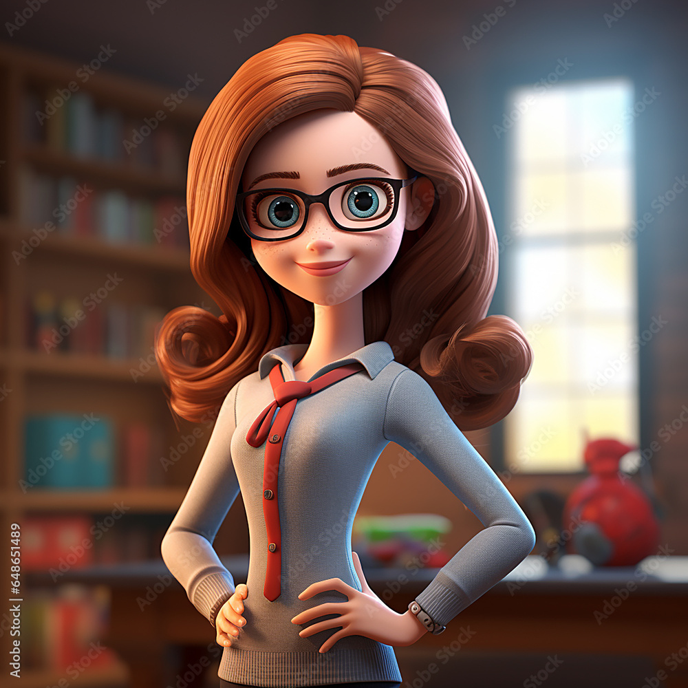 3d female teacher cartoon character on blurred classroom background ...