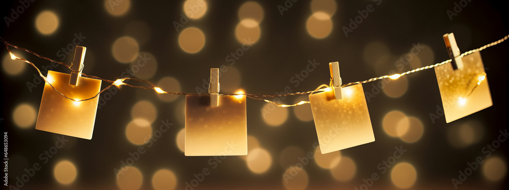 four white Pinned Cards on a String, defocused background dark night ...