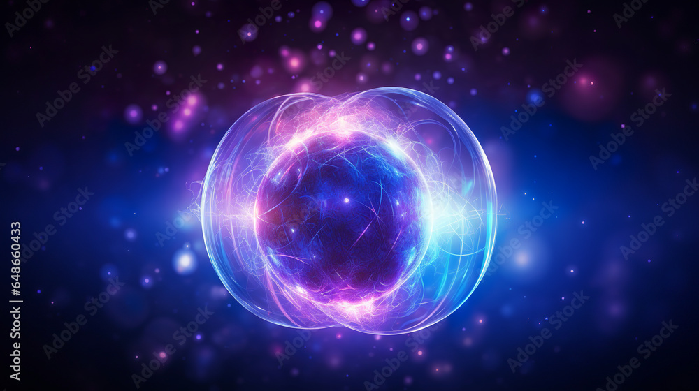 Blue violet energy sphere with glowing bright particles, atom with ...