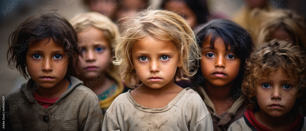 Sad serious Multiethnic poor little children looking at the camera ...