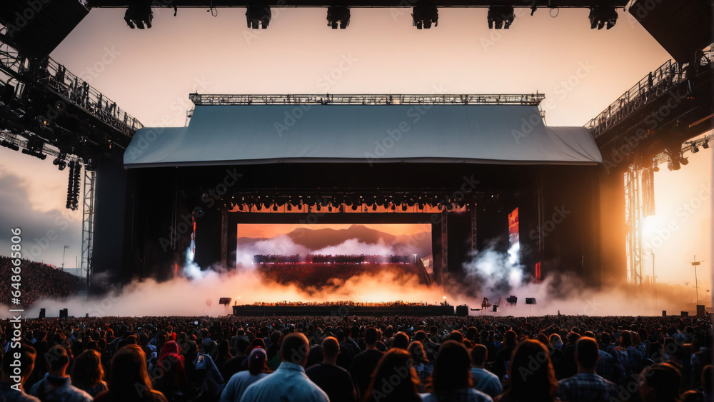 Big concert stage with thousands of people standing in front of it ...