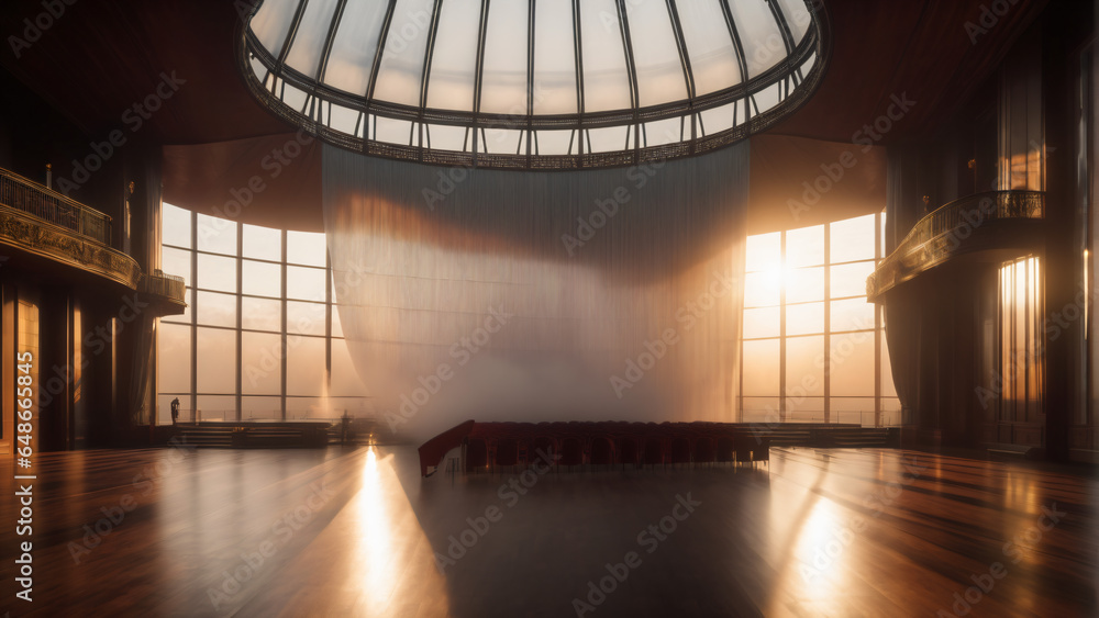 Modern opera building from inside with sun shining through the windows ...