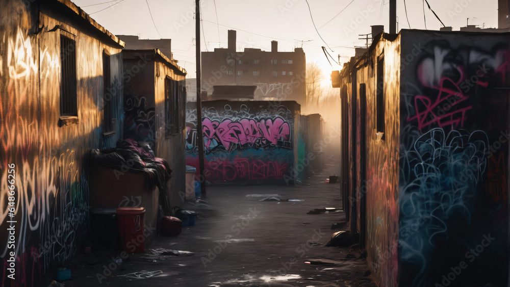 Small street in ghetto slum with graffiti on buildings and sunset in ...