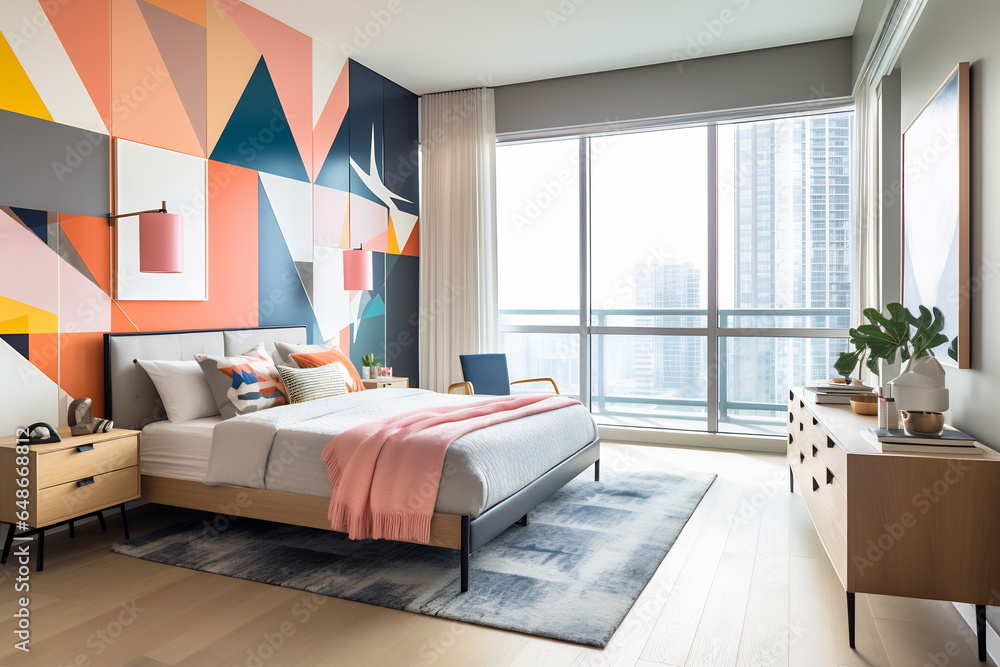 Bedroom with bed and big windows. Geometric patterns create stunning ...