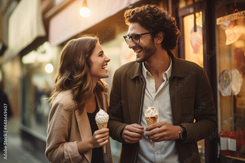 Modern couple holding an Ice cream cone on their hands, Young girl and ...