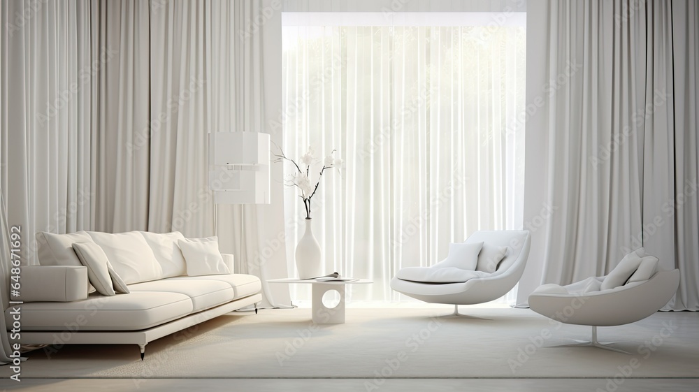 a modern white living room interior. Showcase the beauty of the room with large, billowing ...