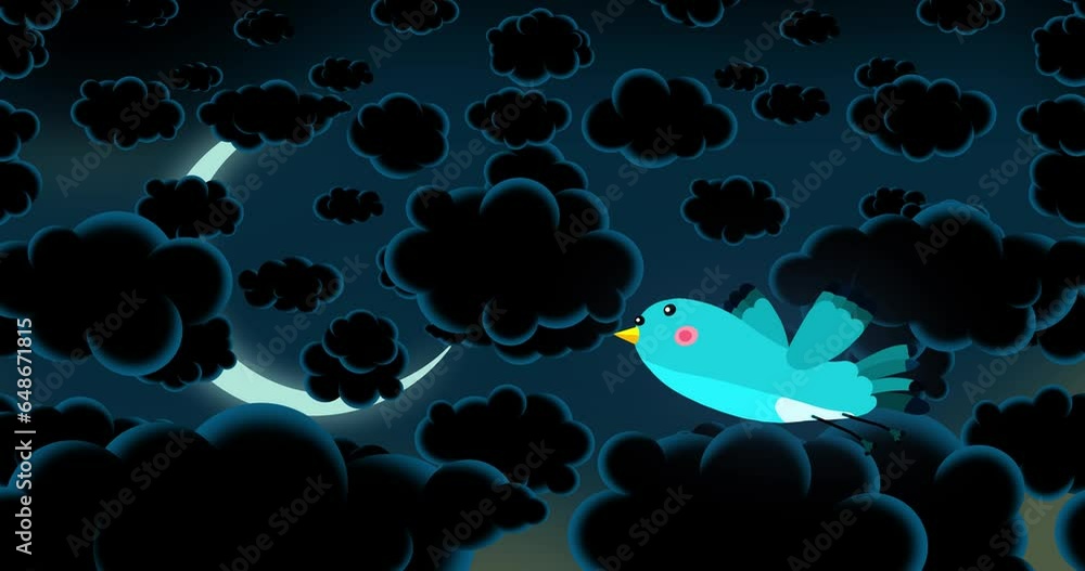 Bird blue cartoon animation character isolated flying at night ...