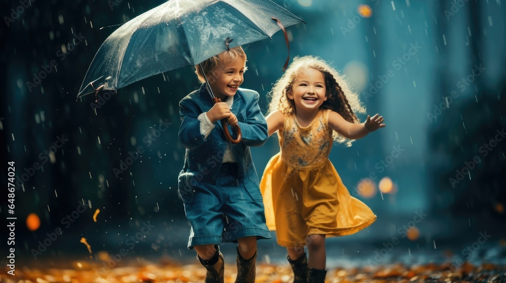 children happily playing in the rain, each holding their own small ...