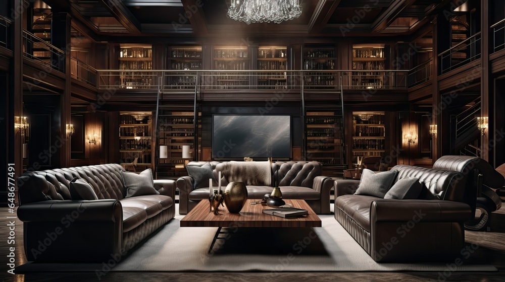 Luxurious Library Lounge with Leather Sofas and Rich Wooden Bookshelves ...