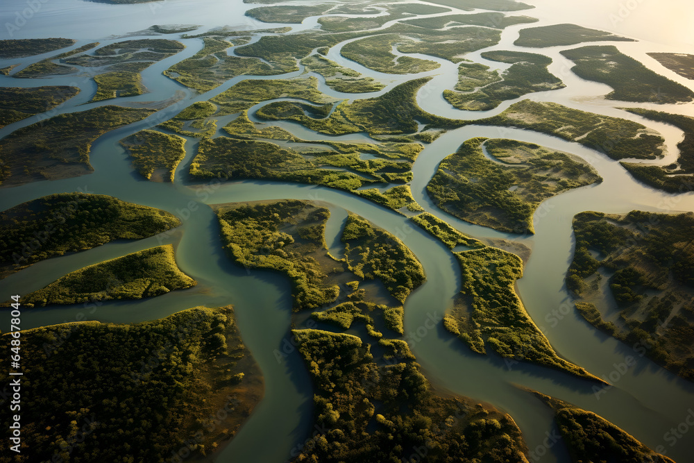 An Aerial Vista of a River Delta, Where Lush Green Vegetation Thrives ...