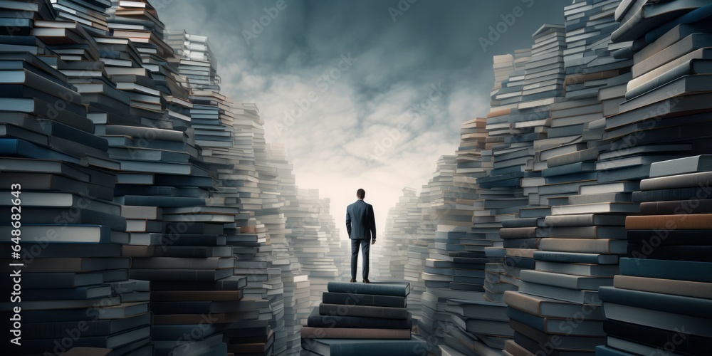 Student Gazing Up at Towers of Books, Reflecting the Challenges of ...