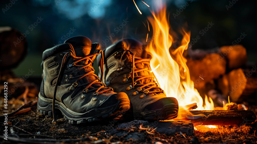 worn hiking boots next to a lit camp stove, boiling a small pot of ...