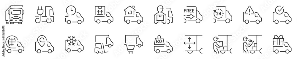 Trucks and road transport, thin line icon set. Symbol collection in ...