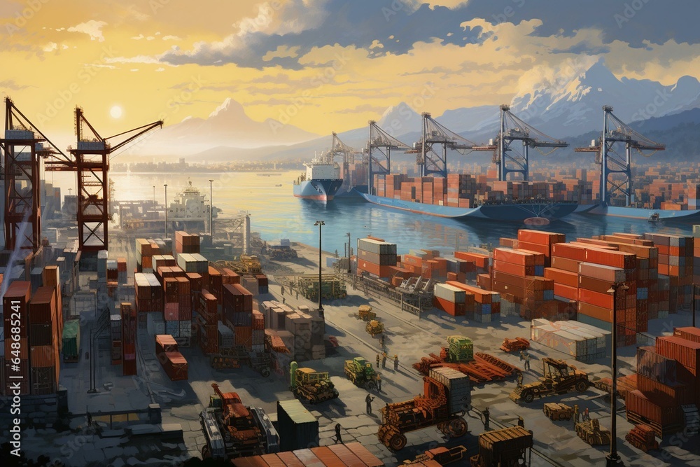 A bustling cargo port with ships, cranes, loading and unloading ...