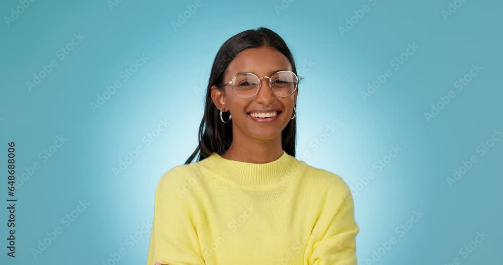 Woman, glasses and face with eye care in studio, smile and excited for ...
